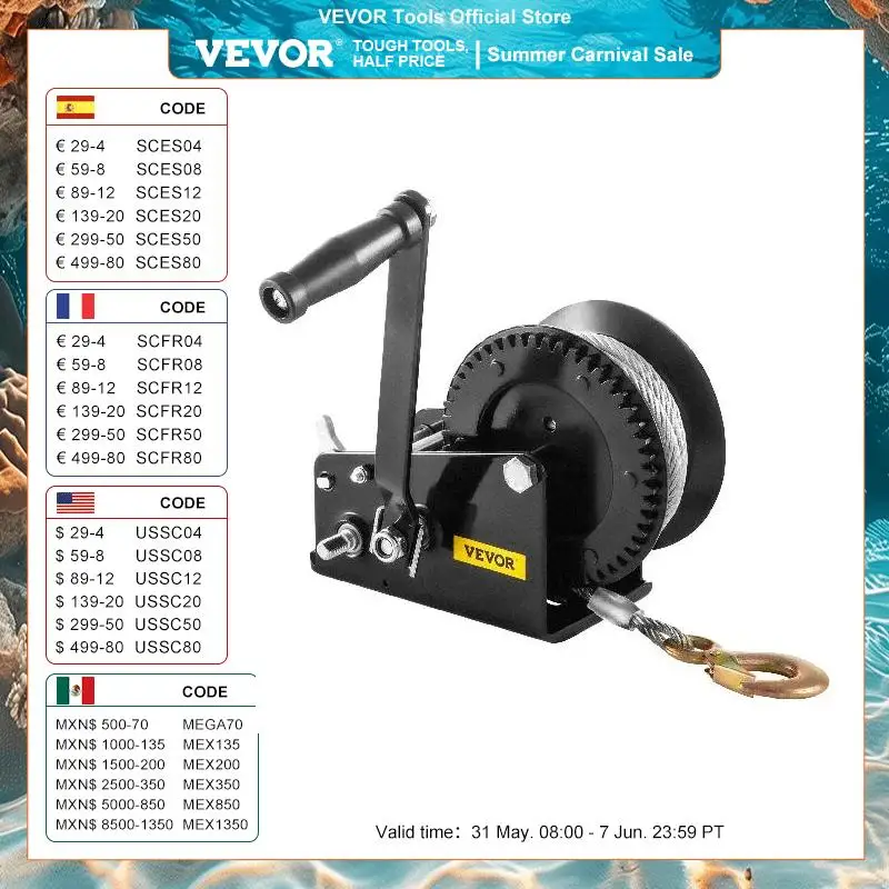 VEVOR-Hand-Winch-3500LBS-Capacity-Heavy-Duty-Brake-Winch-W-10m-Steel ...
