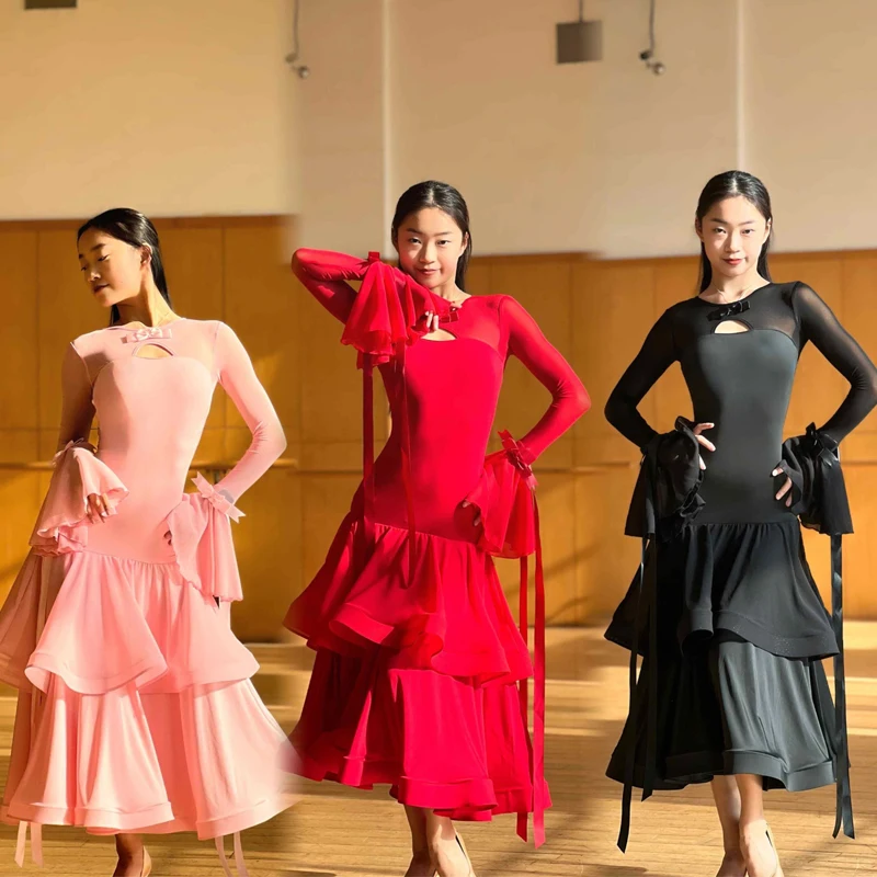 Women-Waltz-Ballroom-Dance-Dresses-Long-Sleeved-Modern-Dancing-Costume ...