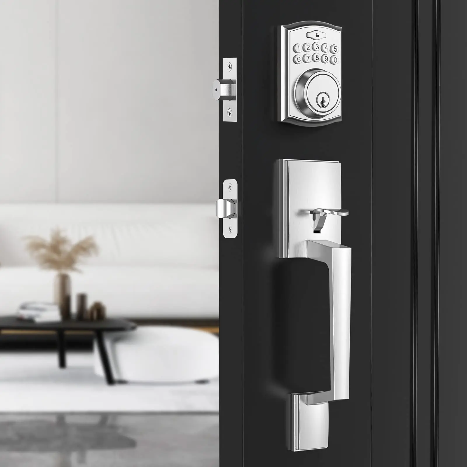 New-Modern-Front-Door-Handle-Satin-Nickel-Single-Cylinder-Exterior-With ...