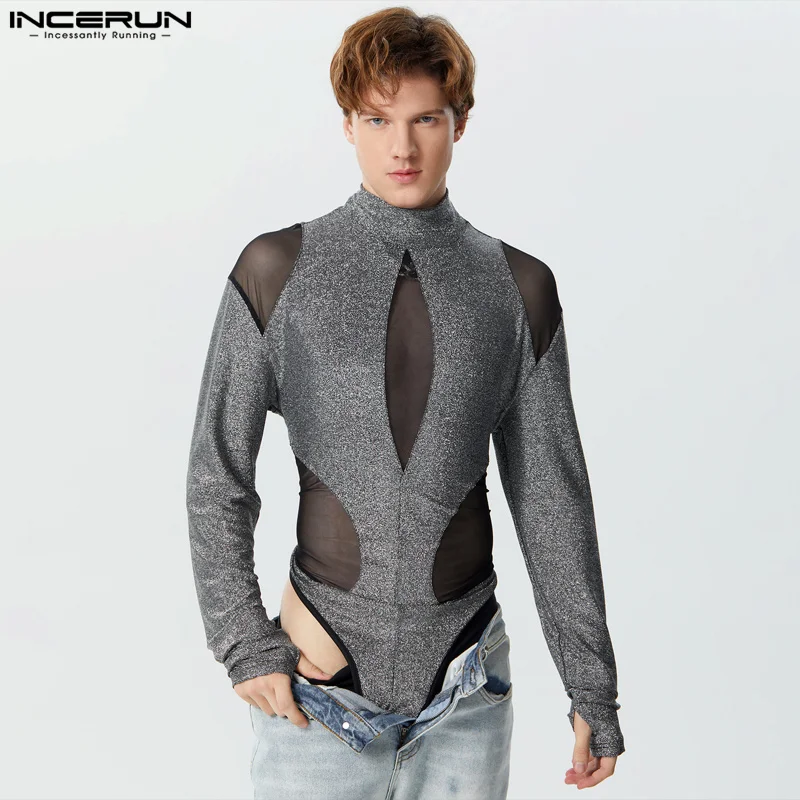 2024-Men-Bodysuits-Mesh-Patchwork-Shiny-Turtleneck-Long-Sleeve-Rompers ...