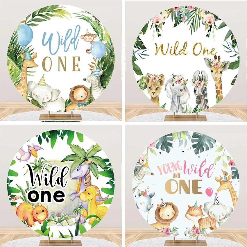 Jungle-Animal-Wild-One-Round-Backdrop-Cover-Leaves-Safari-Animals ...