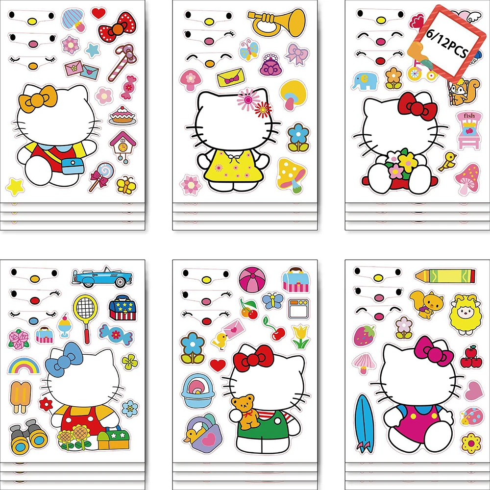 6-12Sheets-Cute-Hello-Kitty-Anime-Puzzle-Stickers-DIY-Make-a-Face ...