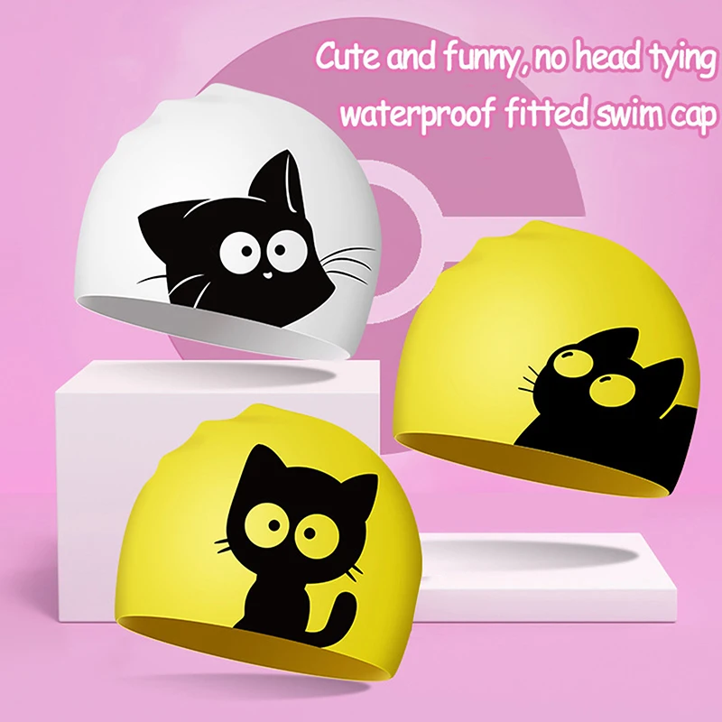 Cute Cat Swimming Cap For Long Hair Ears Protect Children Kids ...