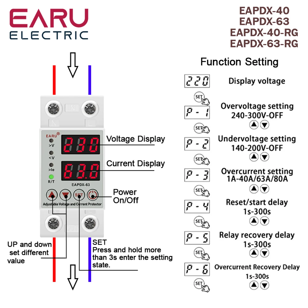 Earu EAPDX-40/63 40A 63A 230V DIN Rail Adjustable Over/Under Voltage ...