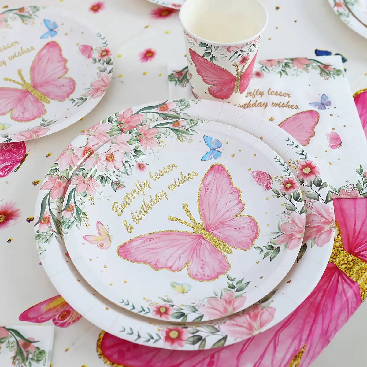 Pink-Butterfly-Birthday-Tableware-Backdrop-Happy-1st-Birthday-Party ...