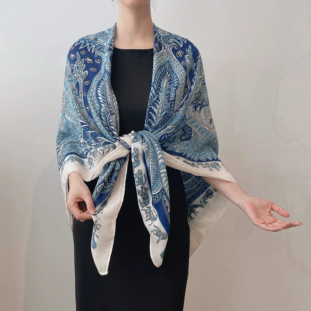 130cm Blue Square Scarf Women Large Shawls Vintage Square Bandana ...