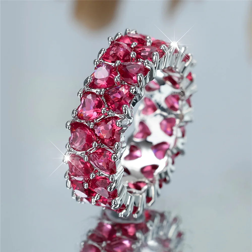 Crystal Female Rose Red Zircon Stone Heart Engagement Rings For Women ...