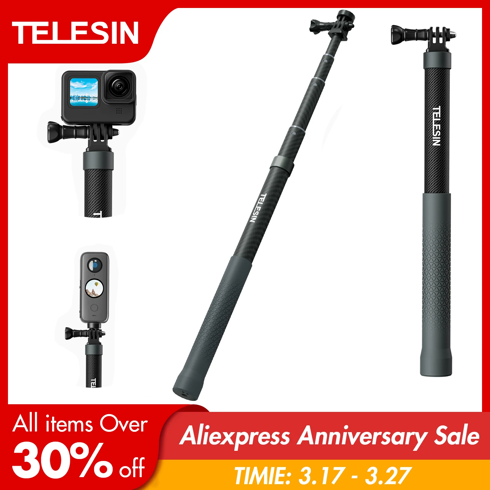 TELESIN 1.2M 3M Carbon Fiber Selfie Stick Monopod Extendable With 1/4 ...