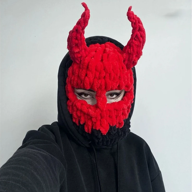 2022 New Halloween Unisex Knitted Balaclava Hat Devil's Horn Winter ...