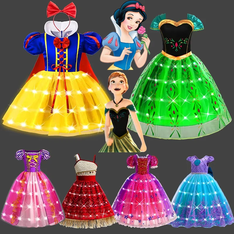 Girls Disney Princess LED Light Dress Kids Rapunzel Ariel Snow White ...