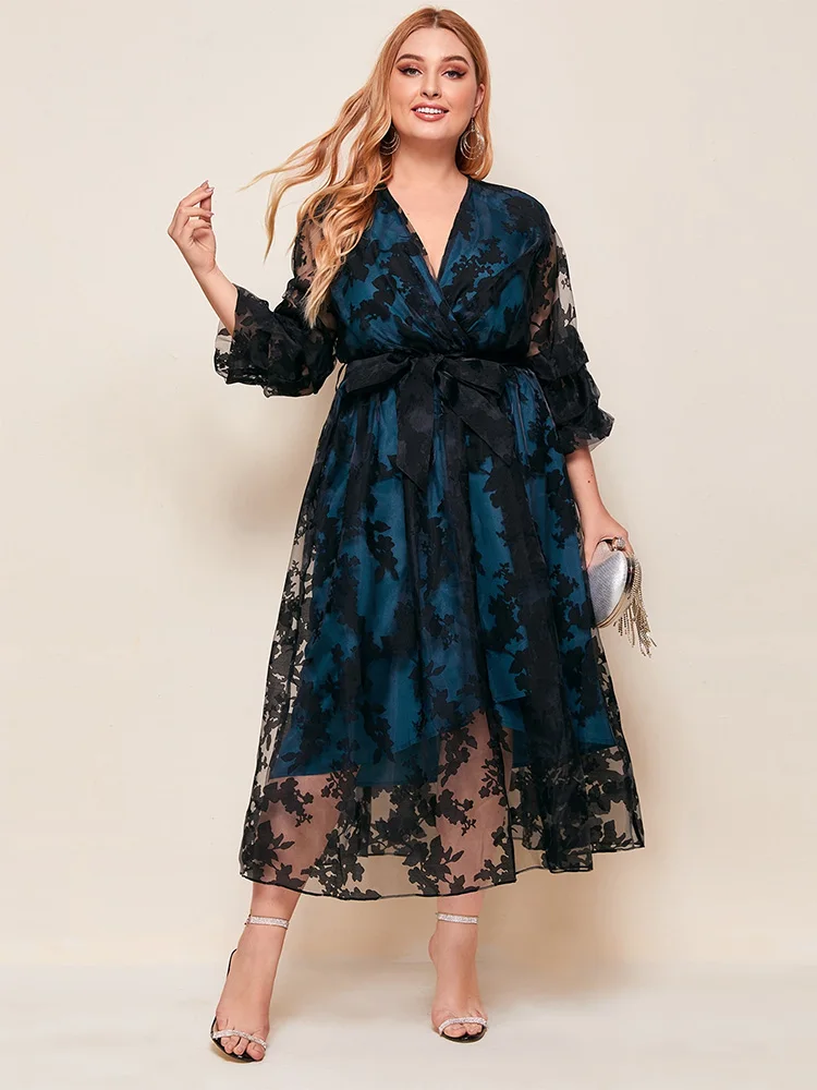 TOLEEN-Women-Plus-Size-Midi-Dresses-2022-Summer-Blue-Luxury-Designer ...