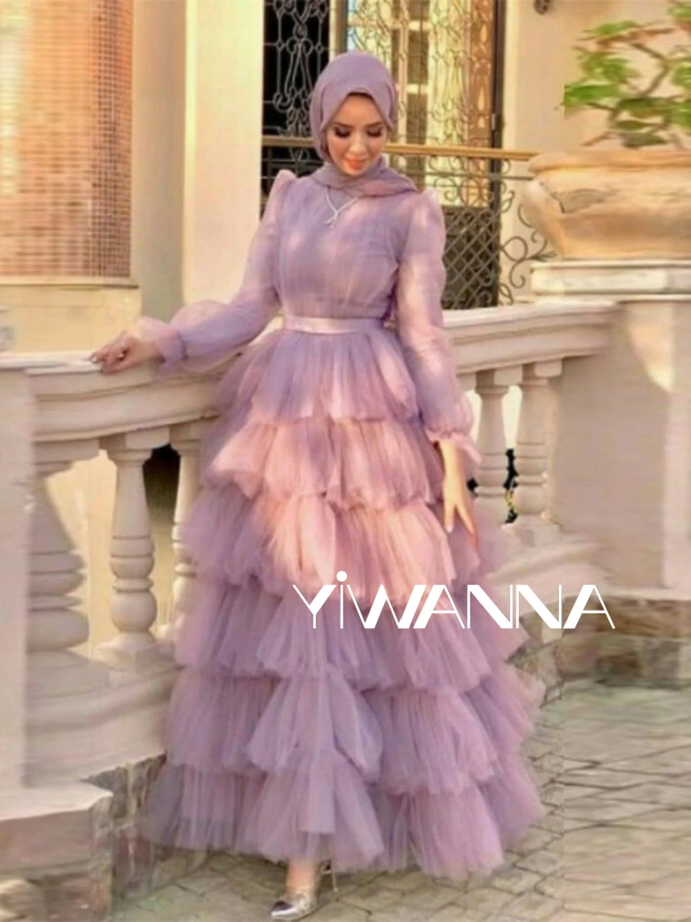 Modest-High-Collar-Long-Sleeve-Cocktail-Dress-Purple-Pleat-Evening-Gown ...