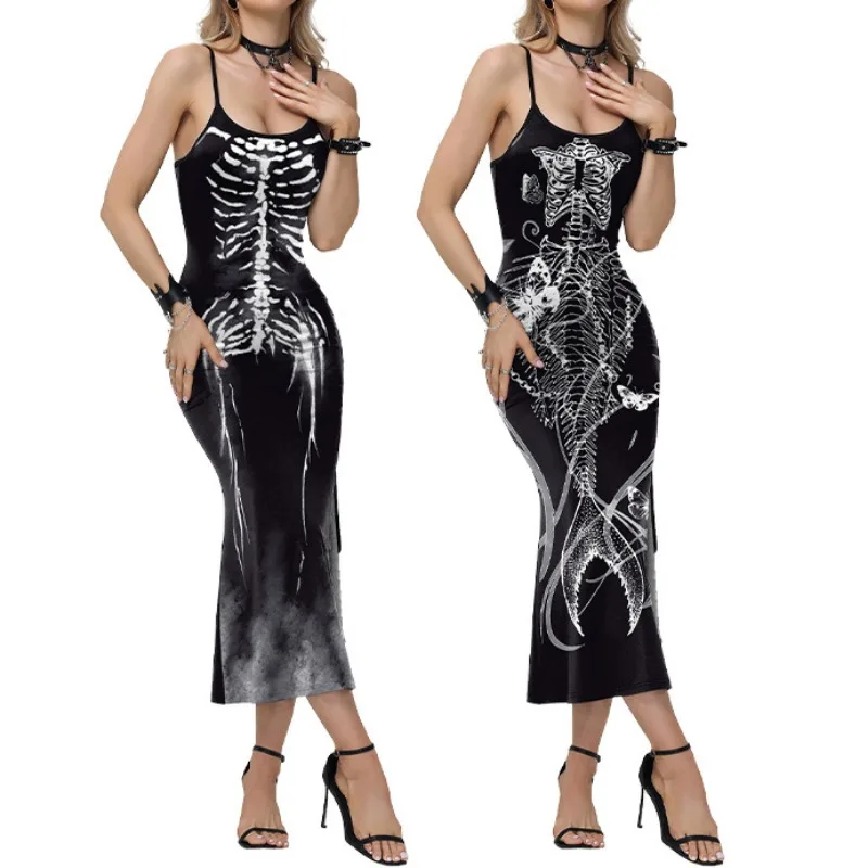 Halloween-Cosplay-Costume-Skeleton-Print-Slips-Backless-Bodycon-Maxi ...