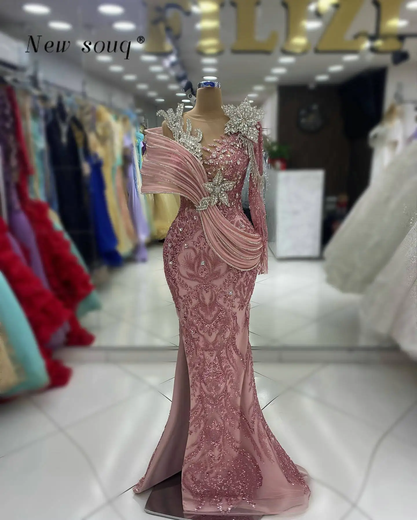 Blush Pink Sparkly One Shoulder Mermaid Evening Dresses With Side Slit
