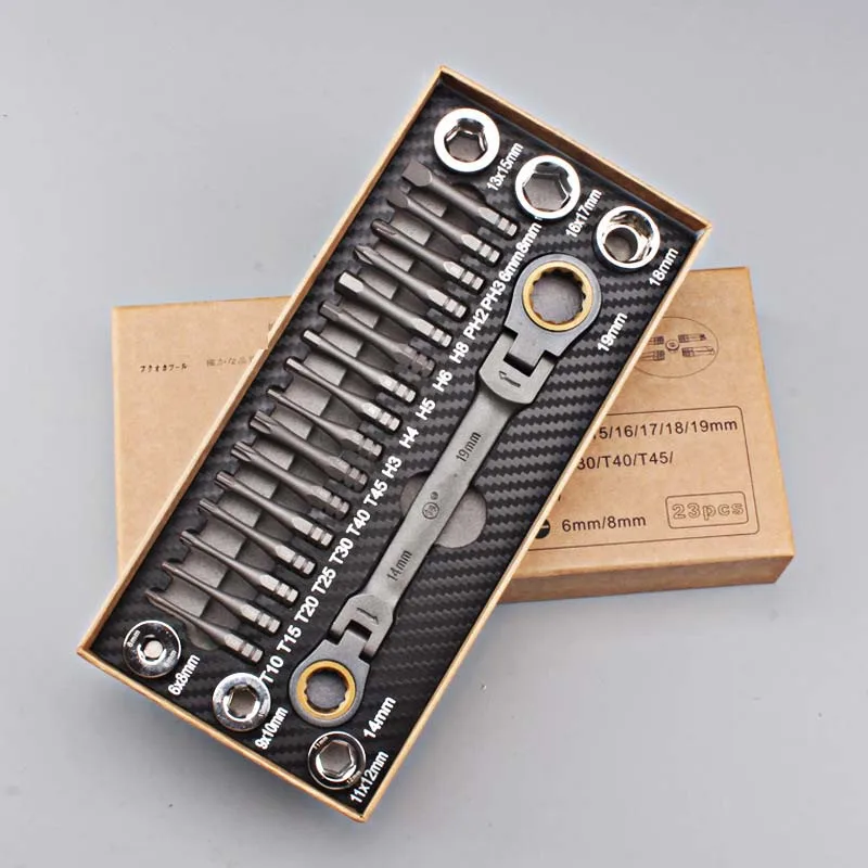 23pcs Multifunctional Ratchet Spanner Set Flexible Head Ratchet Double Box Wrench Socket ...
