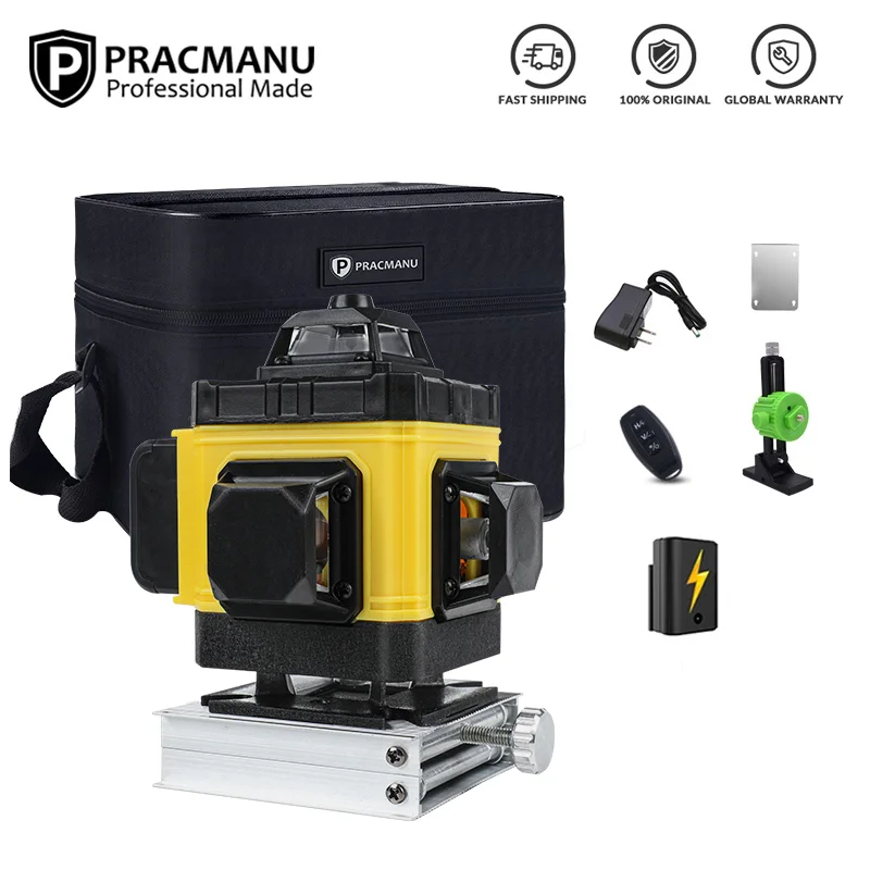 Pracmanu Nivel láser, herramienta de nivelación 4D de 16 líneas, inalámbrica, potente, luz verde ...