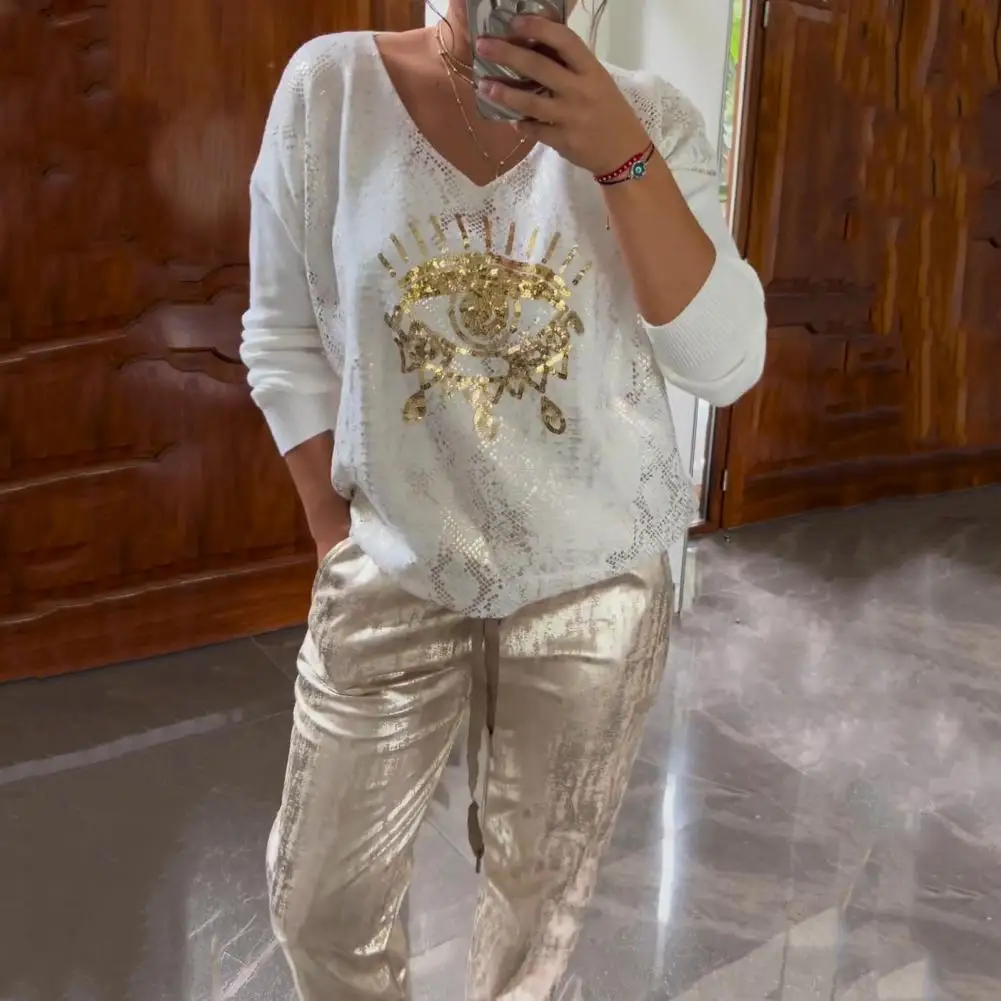 Women-Wide-Leg-Pants-Eye-Print-V-Neck-Top-Pants-Set-for-Women-T-shirt ...