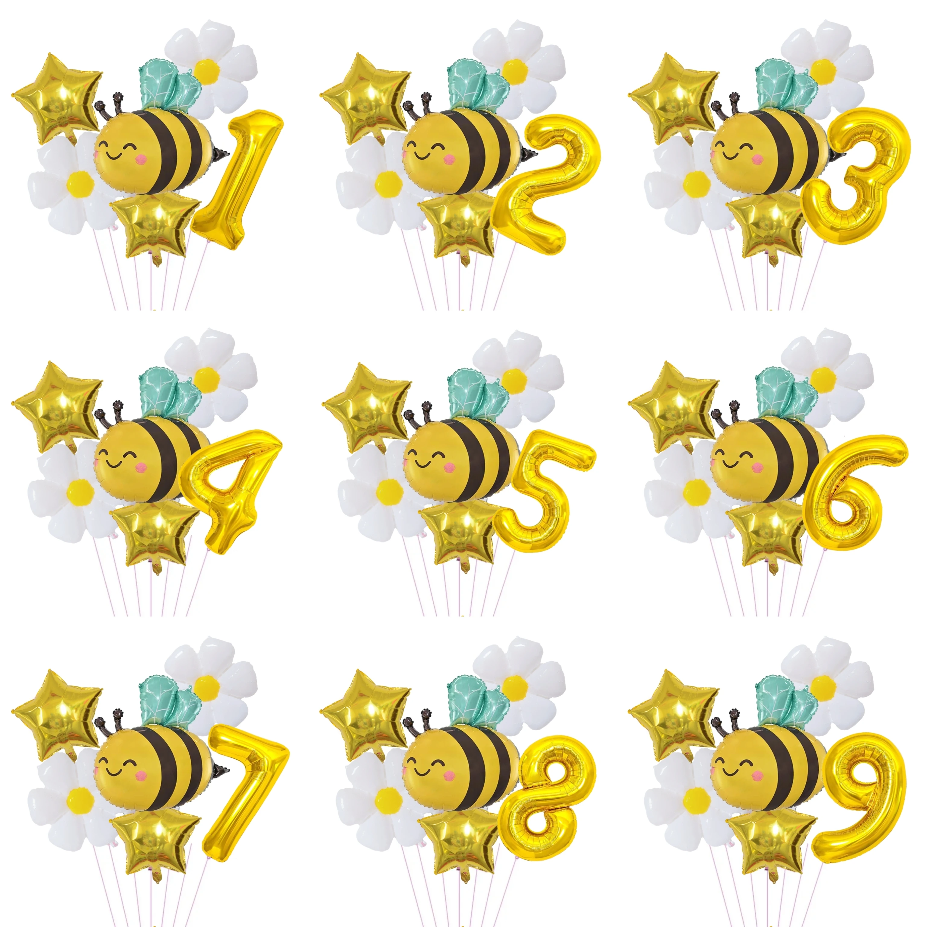 6 Pcs Bee Daisy 32 Inch Number Foil Balloon Set Kids 0-9 Years Old ...