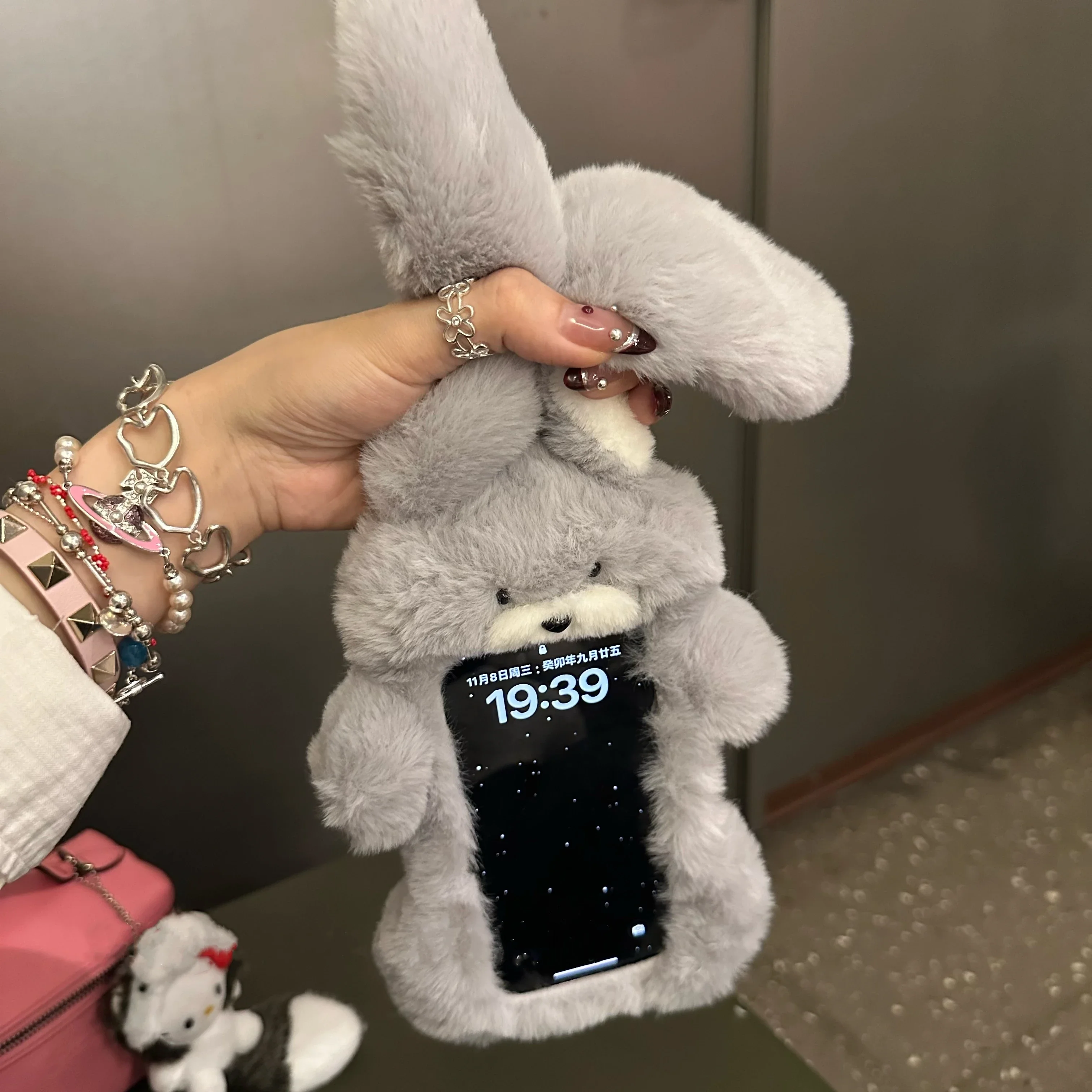 Cute Fluffy Plush Long Ears Rabbit Phone Case for iPhone 15 14 13 12 ...