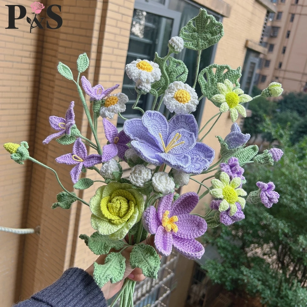 Crochet Flower Bouquet Luxury Purple Rose Protea Artifical Knitted ...