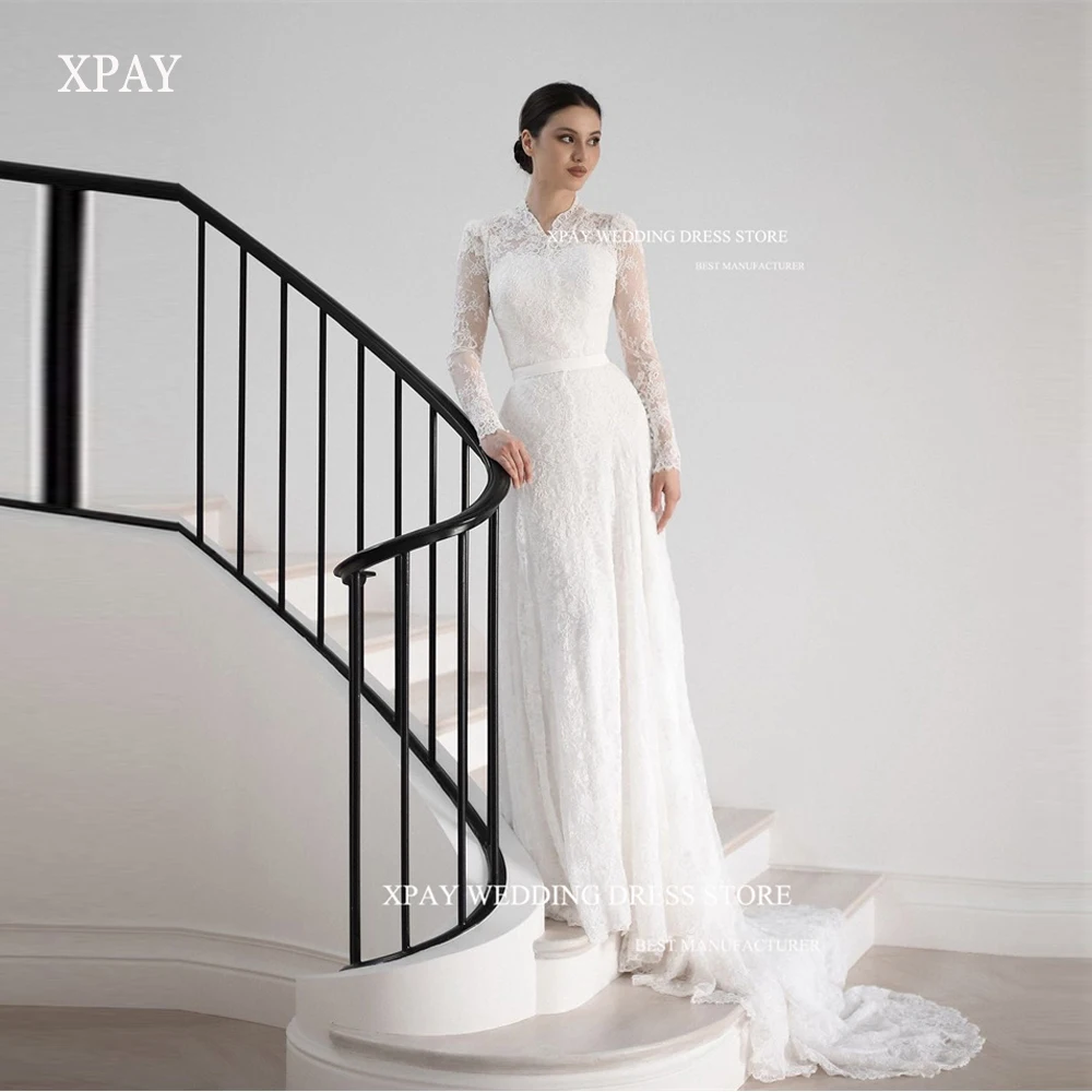 XPAY-Modest-A-Line-Full-Lace-Wedding-Dresses-Long-Sleeves-High-Neck ...
