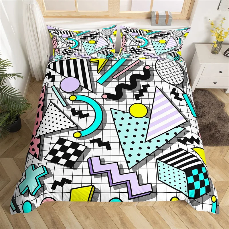 Retro-80s-Style-Bedding-Set-Twin-King-Size-Abstract-Geometric-Pattern ...