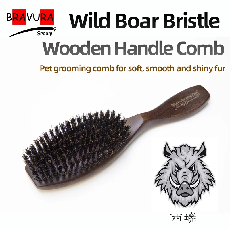 Pet Grooming Oval comb Brush Wild Boar Bristle Wooden Handle for soft ...