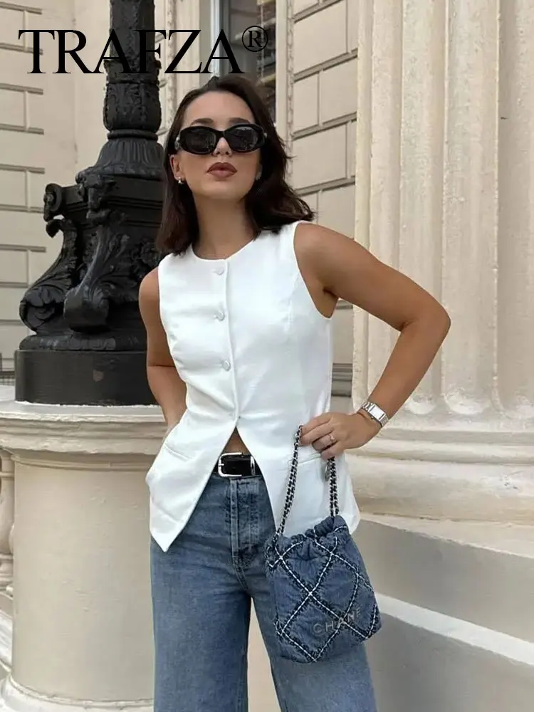 TRAFZA-Chaleco-blanco-elegante-para-mujer-chaqueta-sin-mangas-de-una-sola-botonadura-con-cuello ...