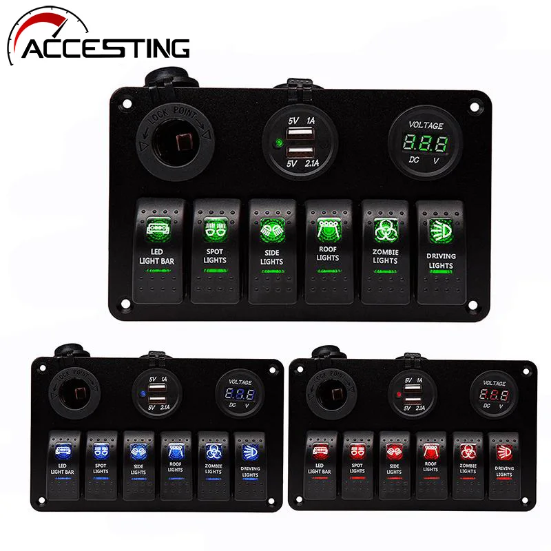 Universal Car Switch Panel 12V Voltmeter Dual USB Accessories For ...
