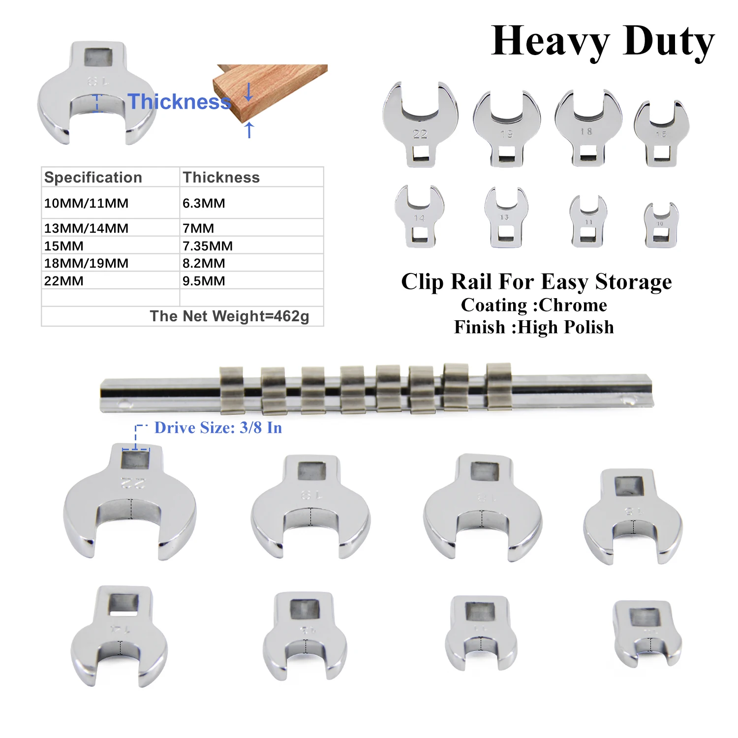 250mm Heavy Duty Breaker Bar and Pcs 3/8 inch Drive Crowfoot Wrench Set ...
