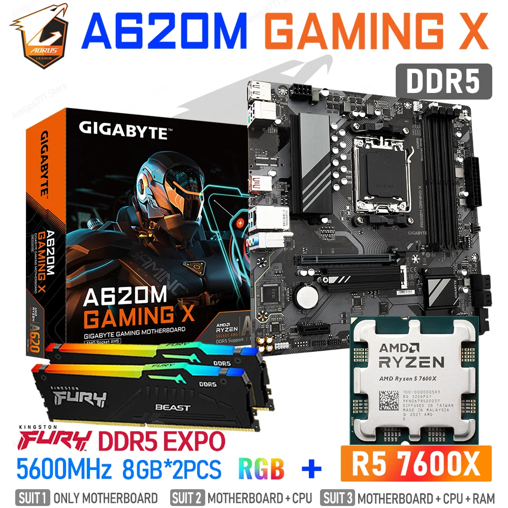 기가바이트 AM5 CPU 마더보드 콤보 A620M 게이밍 X DDR5 키트, RGB 램 포함, Ryzen 5 7600X ...