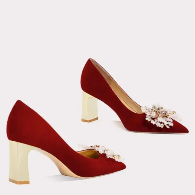 Red-Suede-Crystal-Flower-Bridal-Shoes-Temperament-Celebrity-Mid-heeled ...
