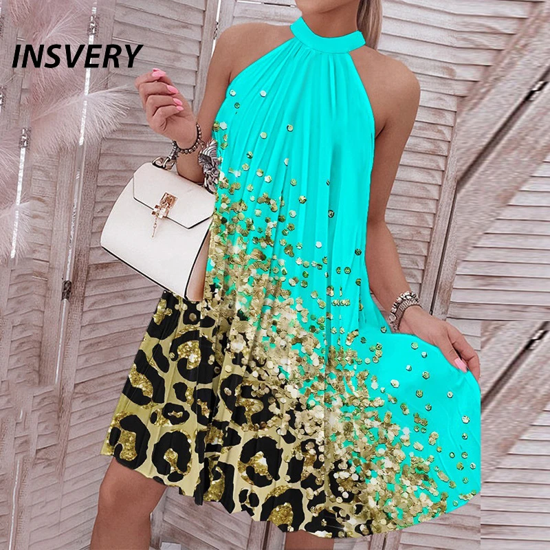 Summer Elegant Dresses For Women Sexy Sleeveless Halter Dress Women Fashion Leopard Print Beach