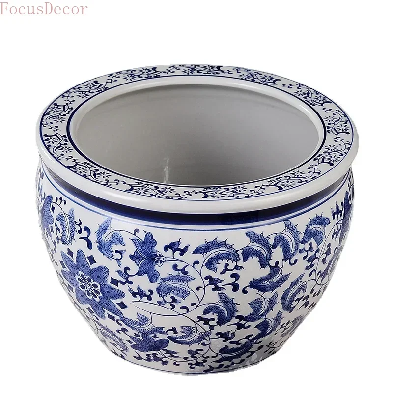 Ceramic Fish Bowl Round Chinese Blue and White Twigs Flower Porcelain ...
