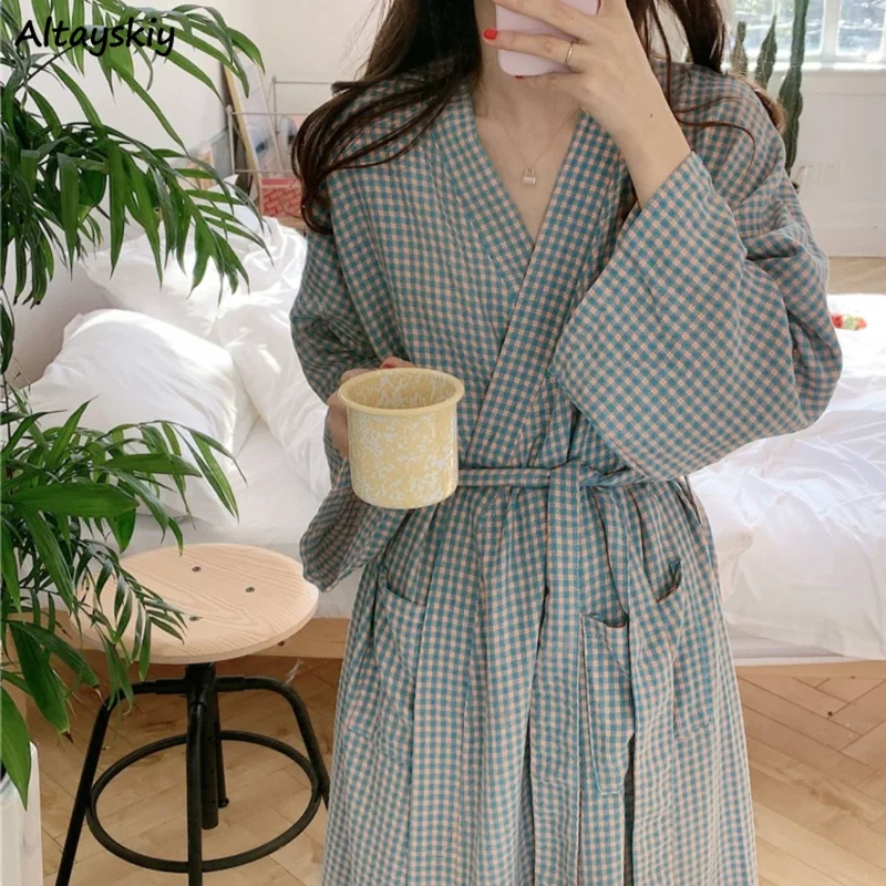 Plaid-Robes-Women-Spring-Simple-Loose-Homewear-All-match-Ins-Korean ...