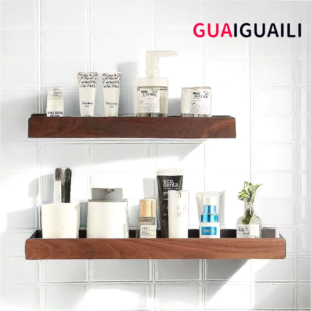 Bathroom wall Shelf，No punch storage rack，Wooden bathroom shelves for ...