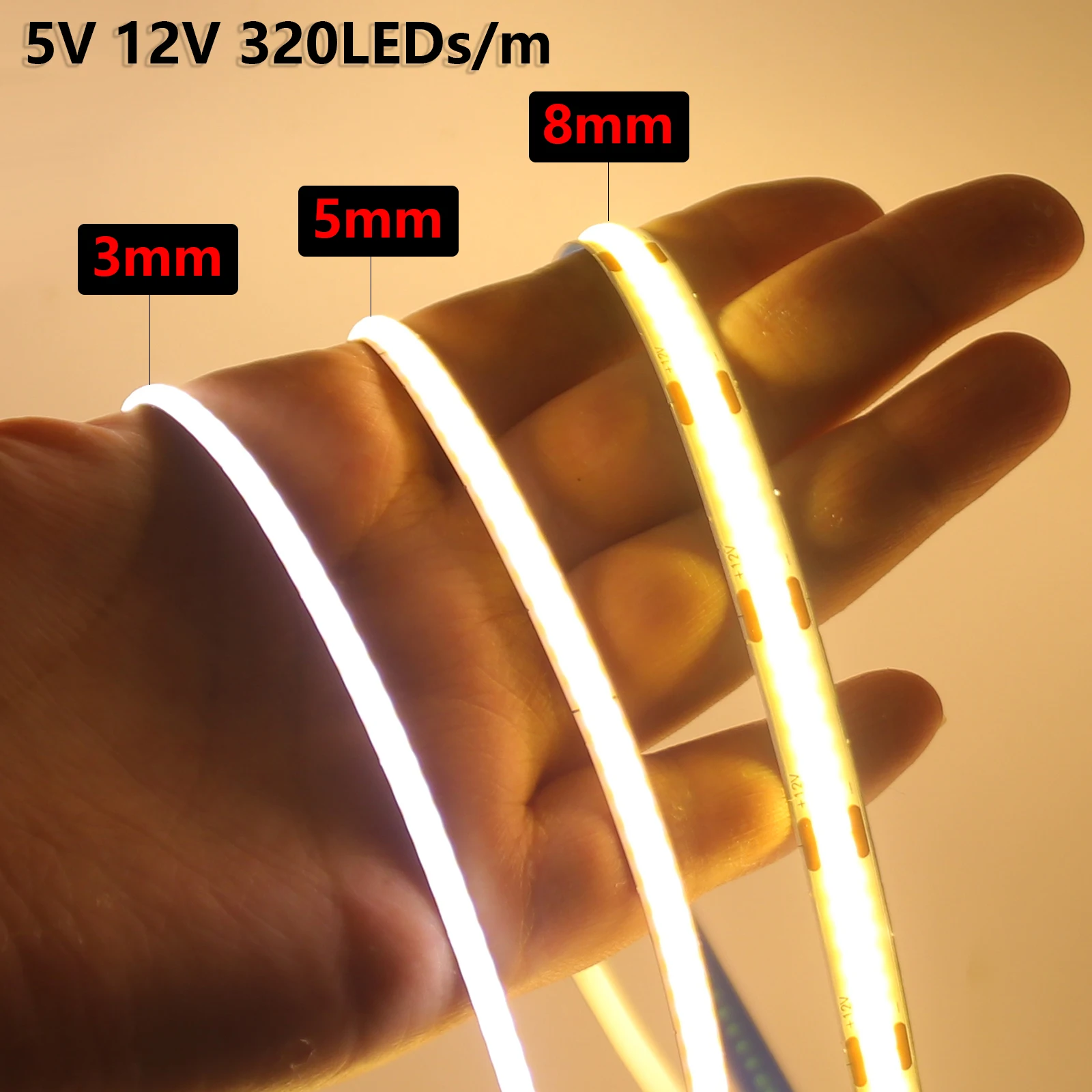 3mm 5mm 8mm COB LED Strip Light 5V 12V 320LEDs/m High Density Flexible ...