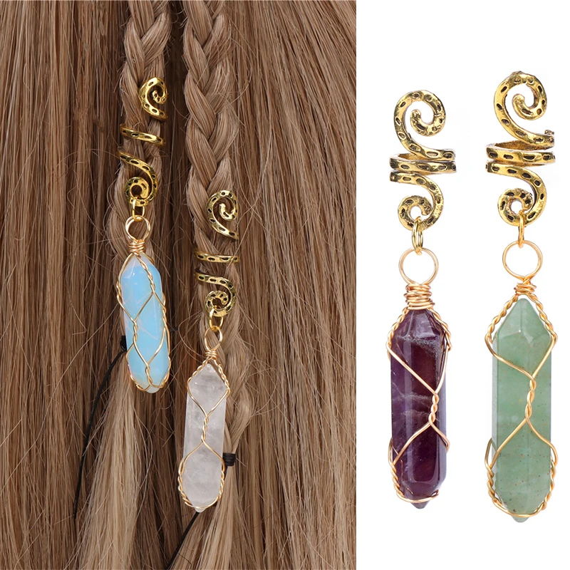 Hair-Braid-Hexagonal-Column-Beads-Clips-Natural-Crystal-Stone-Charms ...
