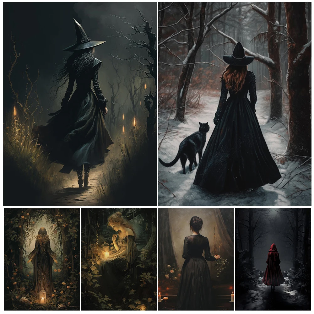 Witch-Walking-Towards-Dark-Forest-Vintage-Wall-Art-Canvas-Painting ...