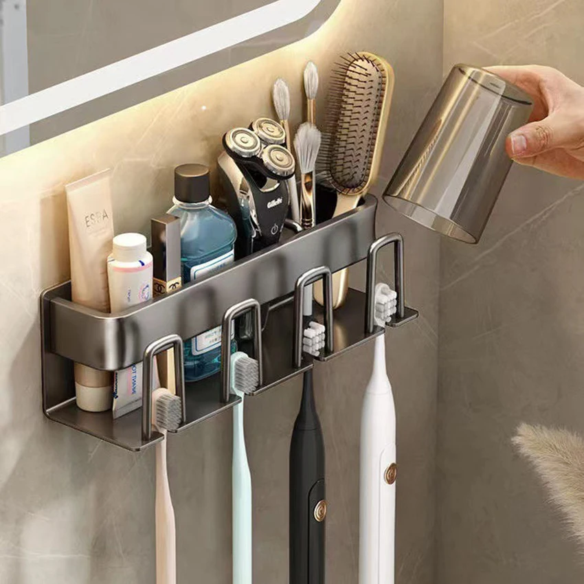 Wall Mounted Toothbrush Holder Aluminium Alloy Toothpaste Rack Bathroom ...
