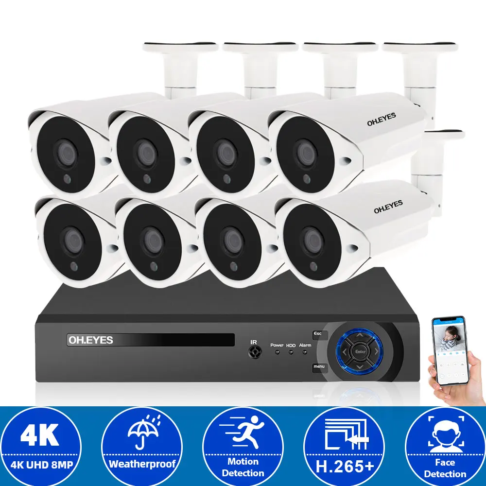 Sistema de cámaras de seguridad para el hogar, Kit de 8 canales de CCTV, DVR, 4K, detección ...