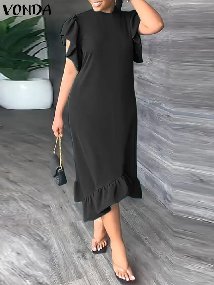2023-VONDA-Fashion-Women-Ruffled-Midi-Dress-Summer-Short-Sleeve-Solid ...