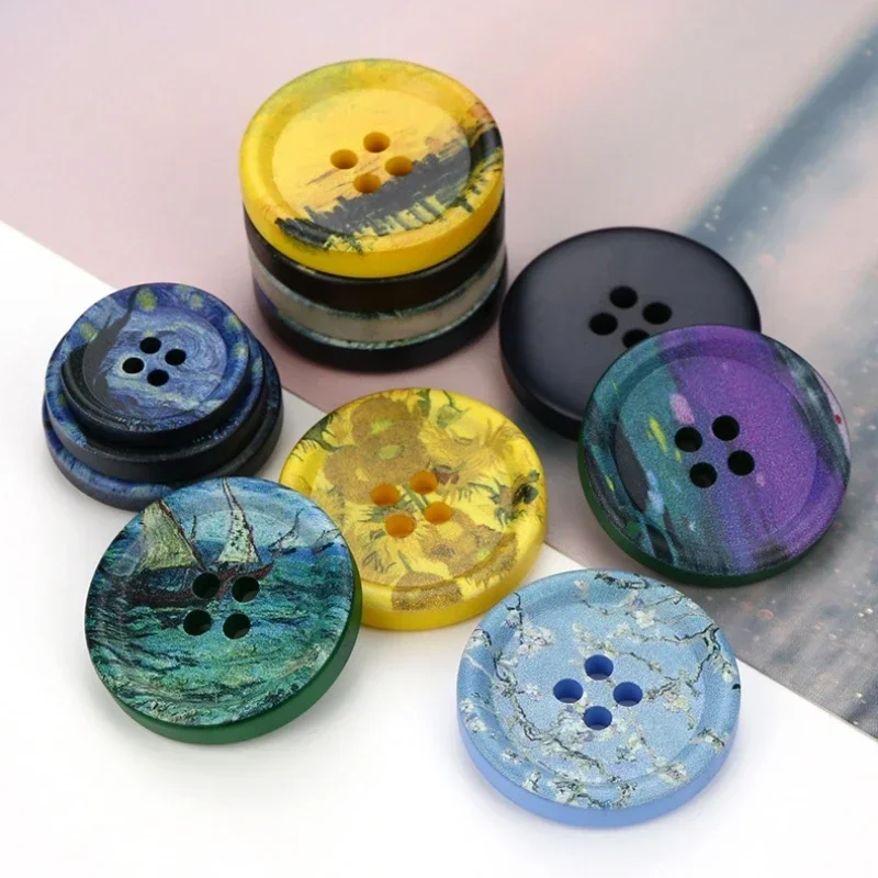 10Pcs-4Holes-Buttons-Oil-Painting-Style-Resin-DIY-Buttons-for-Clothing ...