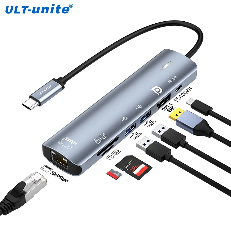 HUB Tipo C con Displayport 1.4,PD100W, Ethernet 100Mbps, SD/TF ...
