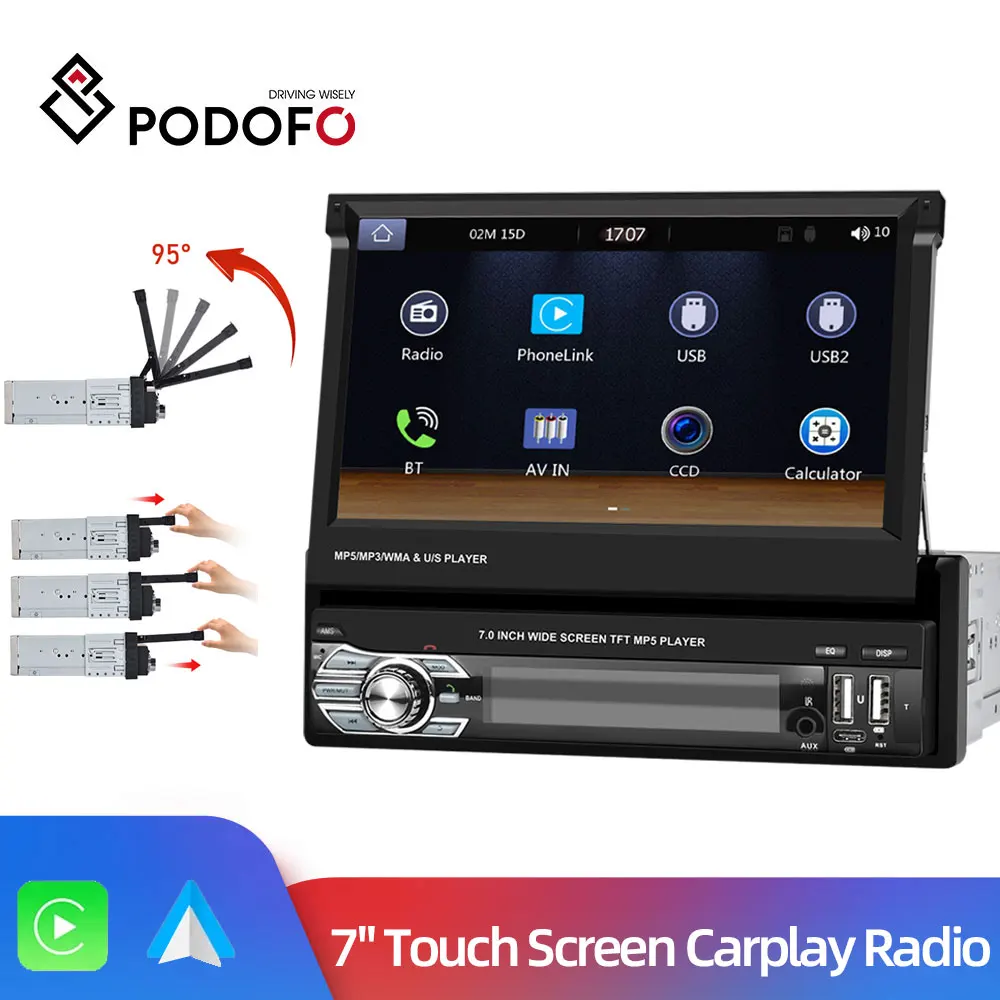 Podofo REPRODUCTOR Multimedia con pantalla retráctil Universal para coche, autorradio 1 din con ...