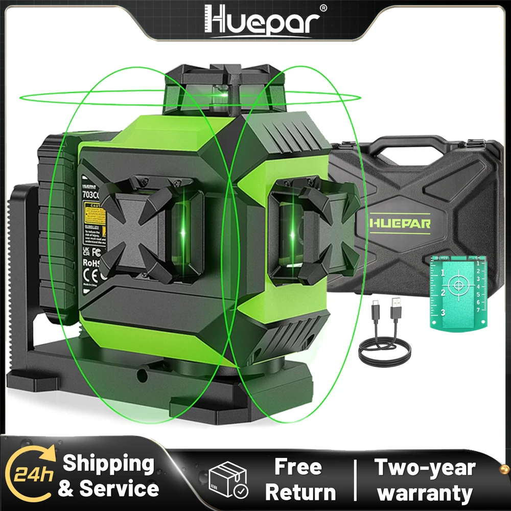 Huepar 703CG 360° Cross Line Laser Level 12 Lines Self-leveling 3D ...