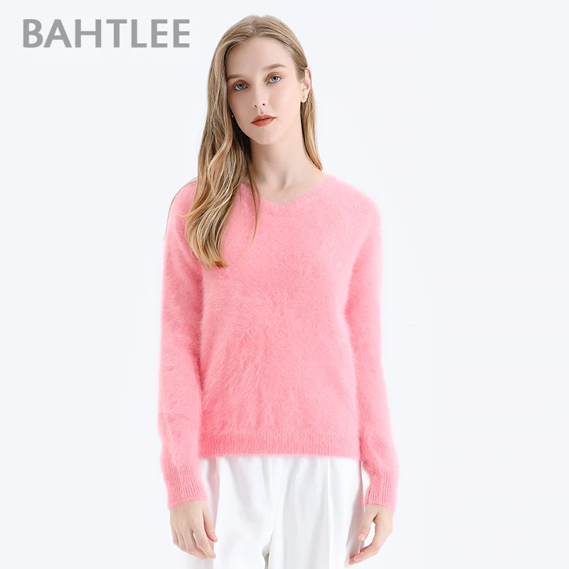 BAHTLEE-Women's Angora Wool Knitted Jumper, Long Sleeves, V-Neck Suit ...