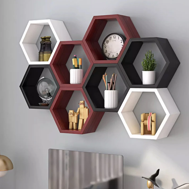 Creative Hexagon Honeycomb Shelf Solid Wood Wall-Mounted Storage Rack ...