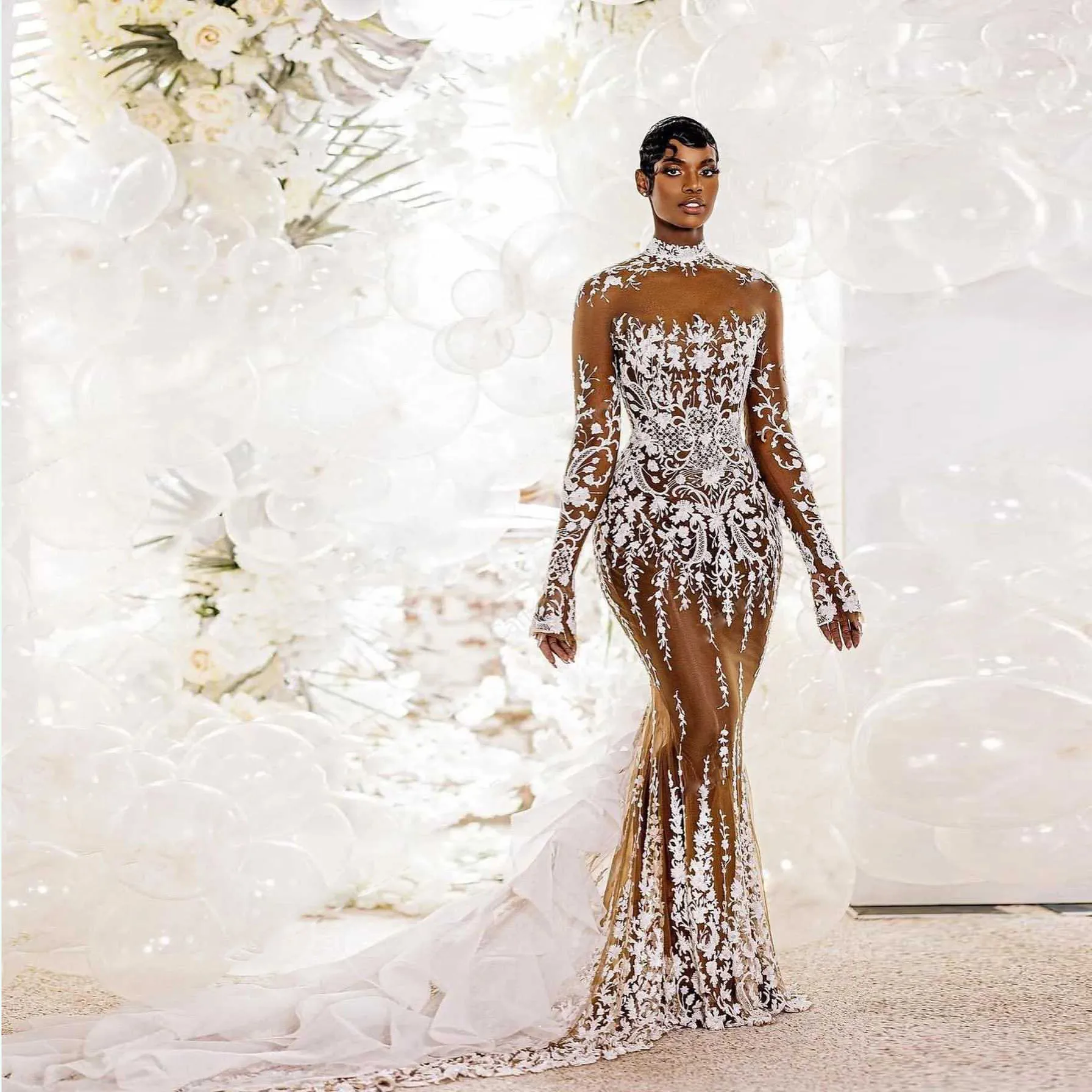 Gorgeous Applique Long Wedding Dress Beaded Lace Mermaid Bride Dresses ...