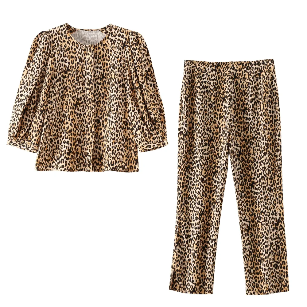 KONDALA Women Fall Casual Leopard Print Set Short Shirt O-Neck Animal ...